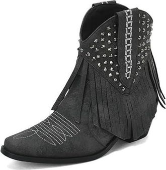 Generic Bottines western cowgirl pour femme avec pompon et broderie &agrave; enfiler r&eacute;tro bout carr&eacute; Chunky Hee Chaussures dhiver, gris, 40.5 EU