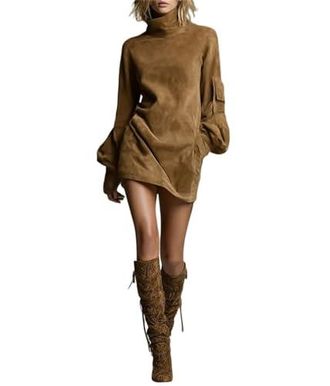 Generic Mini robe en daim synth&eacute;tique pour femme, style vintage, lanterne, col roul&eacute;, manches longues, robe occidentale d&eacute;contract&eacute;e avec poches, marron, 3XL