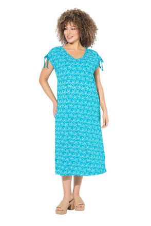 Ulla Popken Damen große Größen Übergrößen Plus Size Midikleid, Blüten, A-Linie, V-Ausschnitt, ärmellos blautürkis 54+ 840041755-54+