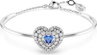 Swarovski Idyllia Armreif, Rhodinierter Damenarmreif mit Herz-Motiv und Strahlenden Klaren und Blauen Swarovski Kristallen