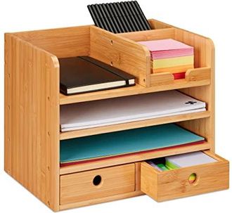 Relaxdays Schreibtisch Organizer, 2 Schubladen, 5 Fächer, HxBxT: 26,5 x 33 x 24 cm, Bambus-Organizer fürs Büro, Natur
