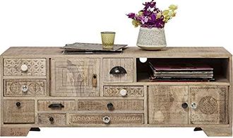Kare Design Design TV - Board Puro, Breites, Tiefes Lowboard mit Handgeschnitzten Ornamenten, hellbraune Echtholz Kommode, niedriges Sideboard für Wohnzimmer, (H/