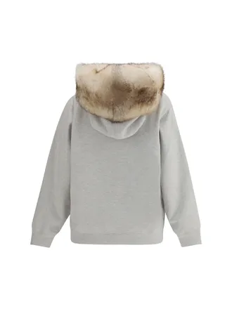 Prada Womens Hoodie Features A Hood Lined Shearling Grigio Melange Cotton Sweatshirts Sweater