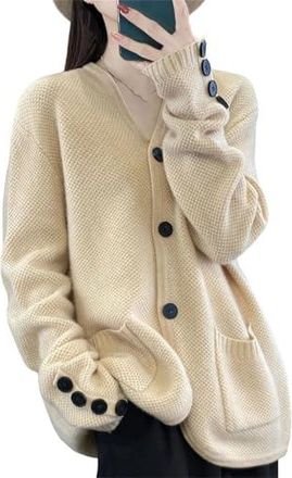 Generic Cardigan classique 100 % laine &agrave; col rond et manches longues pour femme, Yuan Rong Beige, Taille Unique