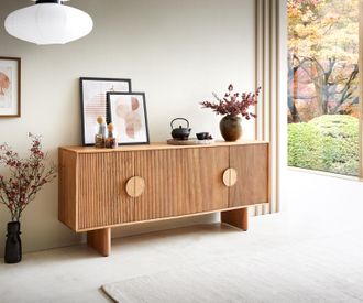 DELIFE Sideboard Surimu 175 cm Akazie Hellbraun 4 T&uuml;ren 2 F&auml;cher Kork-Griff Holzf&uuml;&szlig;e, Sideboards