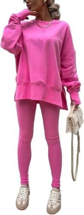 Generic Ensemble 2 pi&egrave;ces sweat &agrave; fente et pantalon moulant &agrave; taille &eacute;lastique pour femme, surv&ecirc;tement ample confortable pour lhiver, le printemps, rose, M