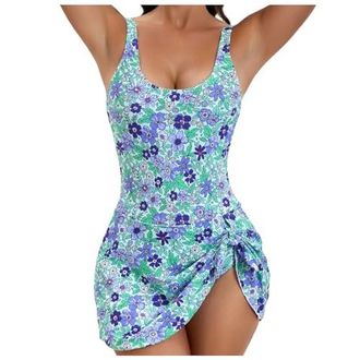 Generic Maillot De Bain Femme 1 Pieces Ventre Plat,Maillot De Bain Femme Sexy Push Up Maillot de Bain Jupette Col en V Rembourr&eacute; Swimwear avec Jupe &agrave; Cordon d