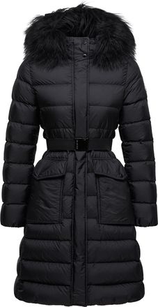 Moncler Moncler Doudoune Longue &Agrave; Capuche Bord&eacute;e De Shearling Khloesse, Femme, Noir, Taille: 00