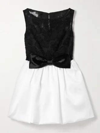 Self Portrait Mini-robe En Satin Et En Tulle À Fronces Et À Ornements - Blanc