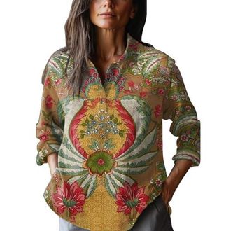 Generico Chemise Femme Curvy &agrave; Manches Longues Blouse en Lin Coton &Eacute;l&eacute;gant Grande Taille Chemises Col en V Doux Chemisier Vintage Fantaisie avec Boutons L&eacute;ger 