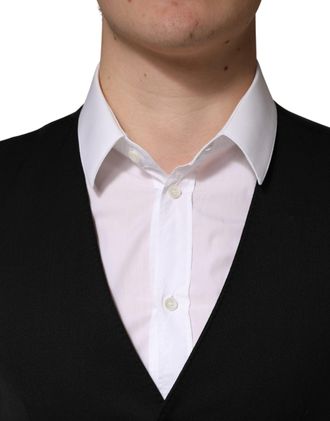 Dolce & Gabbana Black Wool Single Breasted Men Waistcoat Vest Silk Elastane Polyester Clothing