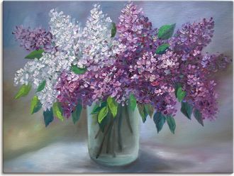 Artland Wanddeko Leinwand Bilder Wandbild 80x60 cm Stillleben Vase Glas Pflanzen Blumen Blüten Flieder Lila Weiß U4QA