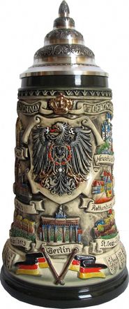 King Bierkrug Deutschland Panorama, rustikal, bunt, mit Zinnspitzdeckel, 1 Liter Bierseidel