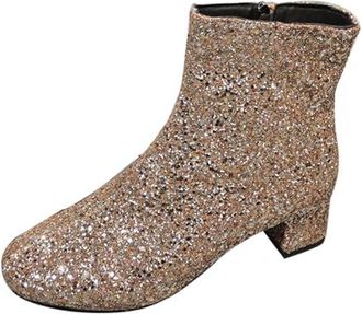 Generic Bottines &agrave; paillettes pour femme avec strass et talons &eacute;pais avec fermeture &eacute;clair lat&eacute;rale, bout rond, talon bloc bas, court, habill&eacute;, confortable, d