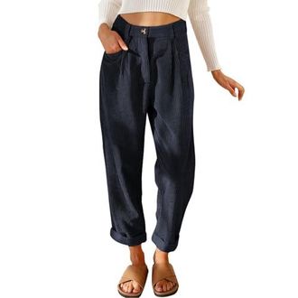 Generic Pantalon taille haute pour femme - Pantalon d&eacute;contract&eacute; taille haute en velours c&ocirc;tel&eacute; avec poches Pantalon tendance pour lautomne et le quotidien, Bl