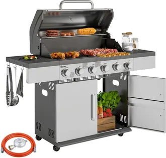 OUTSUNNY Gasgrill 8500BTU Grillwagen inkl 6 Edelstahl-Brenner Rolle Thermometer Druckminderer Gasschlauch Deckel Seitenablagen, BBQ Gartengrill f&uuml;r