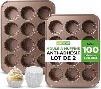 Nutrichef NutriChef Moules &agrave; Muffins, P&acirc;tisserie pour Cuisson, Plaque &agrave; Cupcakes Antiadh&eacute;sive, Moule Muffin, 2 Pi&egrave;ces avec 12 Cavit&eacute;s, Plateau Empilable en Acie