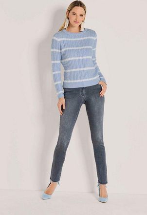 Madeleine Strickpullover Moderner Baumwollpullover mit Zopfmuster und Ringel-Design Kurz geschnittener Herbstpullover mit Rundhals und Langarm