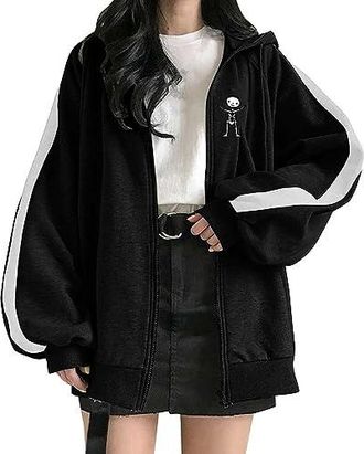 Generic Vestes d&eacute;contract&eacute;es pour femmes 2026 - Noir - Imprim&eacute; mignon - Manches longues - Fermeture &eacute;clair - Pour lautomne et lhiver, Noir, XXL