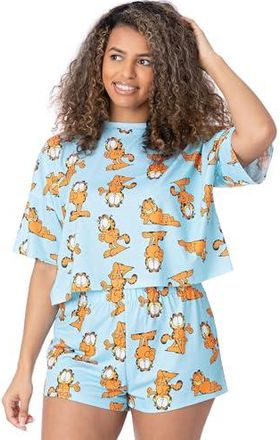 Garfield Pyjamas pour Femmes Adultes Dames T-Shirt Croppé avec Short Bottoms Pjs | Chat de Dessin animé Bleu Pastel Partout imprimé | Produits dérivés Movie