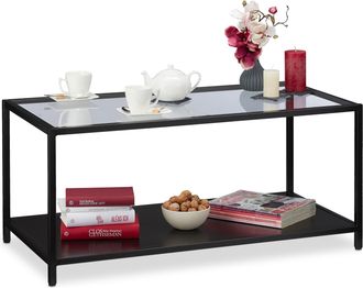 Relaxdays Couchtisch, Glasplatte & Metallgestell, Ablage aus MDF, moderner Wohnzimmertisch, HBT 45x100x50 cm, schwarz