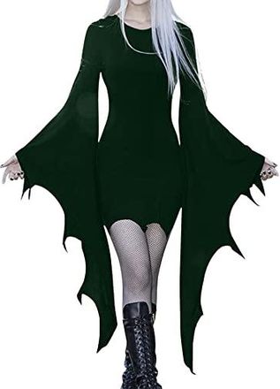 Generic Robe amincissante pour femme - Robe gothique &agrave; manches - En maille - Dentelle - Tunique de cocktail - Coupe ajust&eacute;e, vert militaire, S