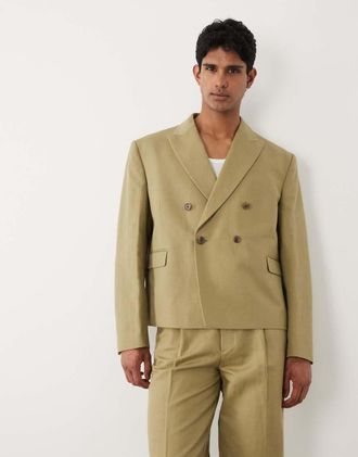Asos Blazer de costume coupe carr&eacute;e &agrave; double boutonnage en lin majoritaire - Kaki-Vert