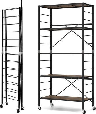 Generic Küchenwagen, Rollwagen, faltbares Regal, Metallrahmen, Verstellbarer Rollwagen mit Rädern, Kippschutz für Küche und Wohnzimmer (weiß + Natur, 5-stöcki