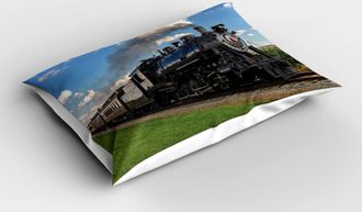 Abakuhaus Dampfmaschine Kissenbezug, Landschaftszug, Dekorativer Standard King Size Gedruckter Kissenbezug, 80 x 40 cm, Schwarz Grün Blau