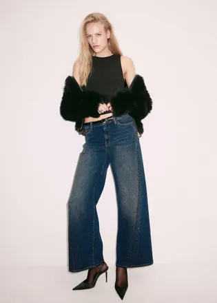 Mango Jean wide leg avec d&eacute;tail strass bleu fonc&eacute; - Femme - 32 - MANGO