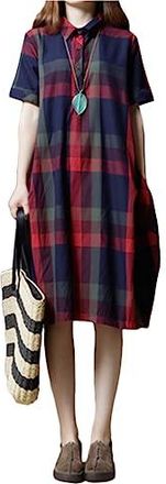 ORANDESIGNE Femme Robe Coton Et Lin Col Rond Boho Chic et Elegant Longue Robe avec Poches Manches 3/4 Midi Robe Lin Grande Taille Robe de Plage Bikini Cover Up Po