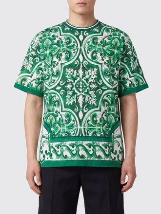 Dolce & Gabbana T-shirt en coton vert avec imprim&eacute; Majolique et &eacute;paules tombantes