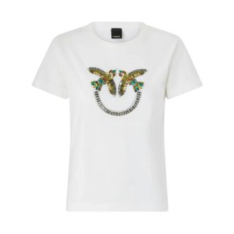 Pinko Pinko, Femme, Tops, Blanc, Taille: 42 FR T-shirt avec broderie de bijoux Love Birds