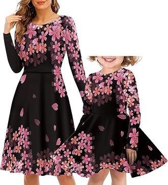Hugs Idea Robe assortie pour m&egrave;re et fille - Robe midi d&eacute;contract&eacute;e &agrave; manches longues - Robe patineuse torsad&eacute;e pour maman et moi - Robe assortie pour les voyag