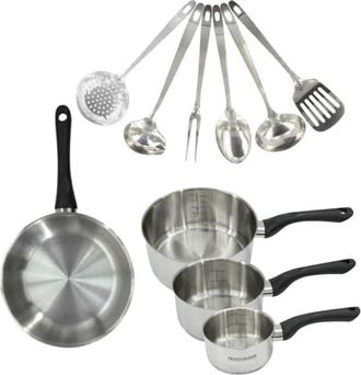 Fackelmann 9446250 Set 1 po&ecirc;le 24 cm, 3 casseroles en inox 18/8 et 6 ustensiles inox, tous feux, induction, sans PFAS, Acier inoxydable 18/8, 12 16 20 24 cm, Gri
