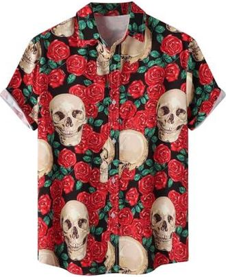 Generic 2026 Halloween Chemise à manches courtes pour homme Cardigan Top Doux Confortable Multicolore Imprimé floral festif Style décontracté, Rouge, XXL