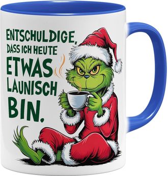 OM3 lustige Anti Weihnachten Kaffee-Tasse mit Spruch - Entschuldigung, dass ich so launisch bin - Keramik Becher - 325ml - Beidseitig Bedruckt - Blau