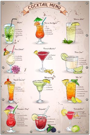 Wallario Outdoor-Poster f&uuml;r Garten oder Balkon Cocktail-Men&uuml;, Motivbanner Gr&ouml;&szlig;e: ca. 120 x 180 cm, Outdoor-Bild