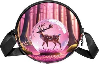 Generic Sac &agrave; bandouli&egrave;re rond rond pour femme, motif cerf, boule de cristal, petit sac &agrave; bandouli&egrave;re avec fermeture &eacute;clair, bretelles r&eacute;glables, d&eacute;contract&eacute; 