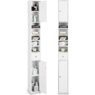 Costway Costway - Badschrank Hochschrank schmal, Badezimmerschrank mit 2 T&uuml;ren, 1 Schublade und verstellbaren Regalen, platzsparender Badregal f&uuml;r