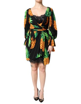 Dolce & Gabbana Womens Black Silk Pineapple Draped Print Wrap Dress Elastane