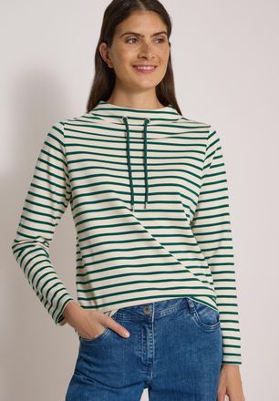 Cecil Langarmshirt CECIL, Damen, Gr. XXL (46), schwarz fir gr&uuml;n, Web, 50% Baumwolle, 50% Modal, gestreift, comfort fit normal, hoch geschlossener Ausschnitt