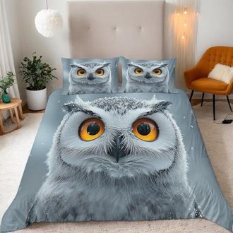 Generic Housse de Couette 220x240 Chouette Grise Mignonne Parure de Lit 2 Personnes Animaux Imprim&eacute; 3D Microfibre Doux Housses Couettes avec Fermeture &Eacute;clair 