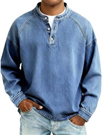 Generico Pull &agrave; fermeture &eacute;clair pour homme 2026 vintage en denim d&eacute;lav&eacute; vieilli d&eacute;contract&eacute; col montant manches longues polo v&ecirc;tements, A02-Bleu ciel, 4XL