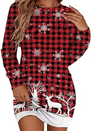 Onsoyours Robe Noël Femme À Manches Longues Col Rond Pull Longue Imprimé Neige Mini Robe Automne Hiver Bodycon Pull Robe 7 Rouge XS