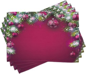 Abakuhaus Weihnachten Platzmatten, Baumkugeln Schneeflocken, Waschbare Stoff Esszimmer Küche Tischdekorations Digitaldruck, Magenta Grün Weiß