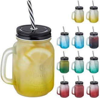 Relaxdays Jarre avec Paille et Couvercle, Lot de 12, 400 ML, Design givr&eacute;, Verre avec Anse, gobelet, Multicolore - Noir