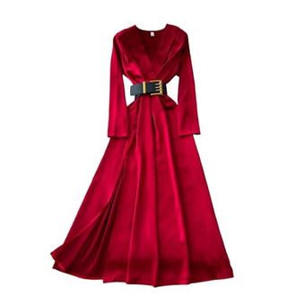Generic Robe vintage en satin avec col en V et manches longues - Style coréen, Rouge, S