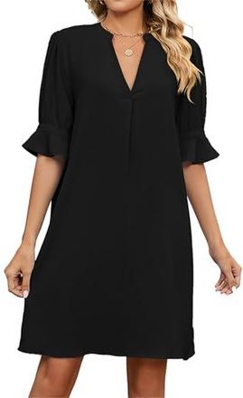 Generic Robe dété décontractée et ample à manches courtes et col en V avec poches pour femme, Noir, XXL