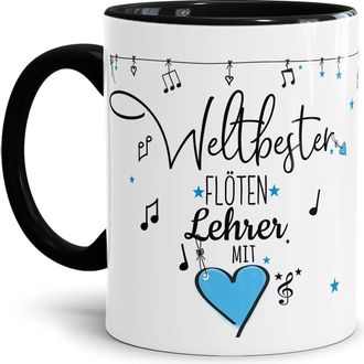Tassendruck Berufe Tasse - Weltbester Flöten Lehrer - Geschenk für den weltbesten Musiklehrer, Musikunterricht, Lehrer - Keramik Innen & Henkel Schwarz, 300 ml I 